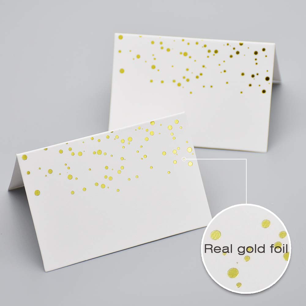 AZAZA 50 Pcs Place Cards with Gold Foil Dots - Textured Table Tent Cards Seating Place Cards for Weddings Banquets Dinner Parties 2.5" x 3.75" (Dots - Gold)