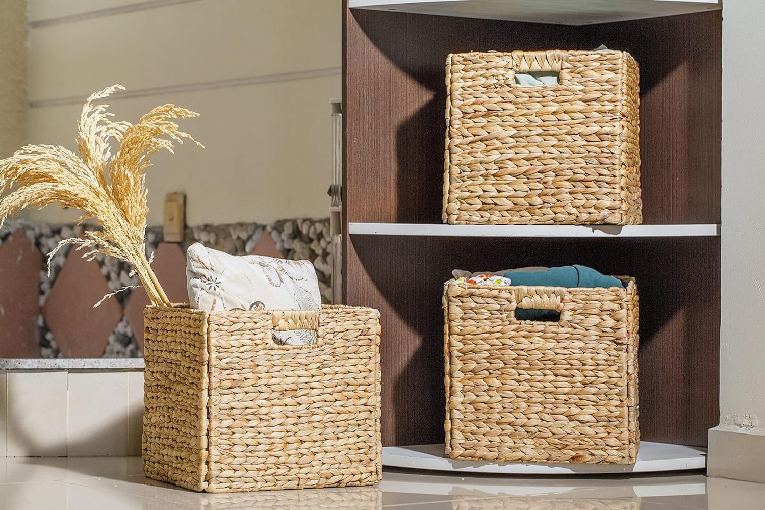 CINWEN Woven Hyacinth Storage Baskets 4 Pack,Shelf Basket,Foldable Storage Basket, with Built-in Handles Home Organizing Laundry Organizer Cube Baskets,Sundries Storage Basket (Brown)