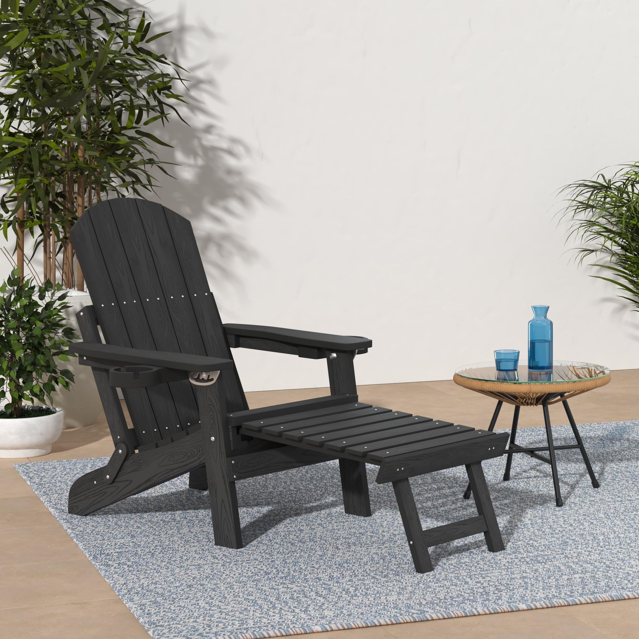 YEFU Adirondack Chair with Ottoman, Adjustable Backrest Adirondack Chairs, Folding Outdoor Fire Pit Chair with 2 Cup-Holders, Weather Resistant for Patio Lawn Outside Garden Pool, 380lbs (Black)