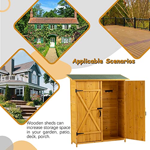 EMKK 64”H Garden Storage Shed,Garden Tool Storage Cabinet,Lockable Wooden Storage Sheds Organizer,Outdoor Lockable Vertical Storage Shed with 3 Shelves Organizer for Garden, Backyard, Patio and Lawn