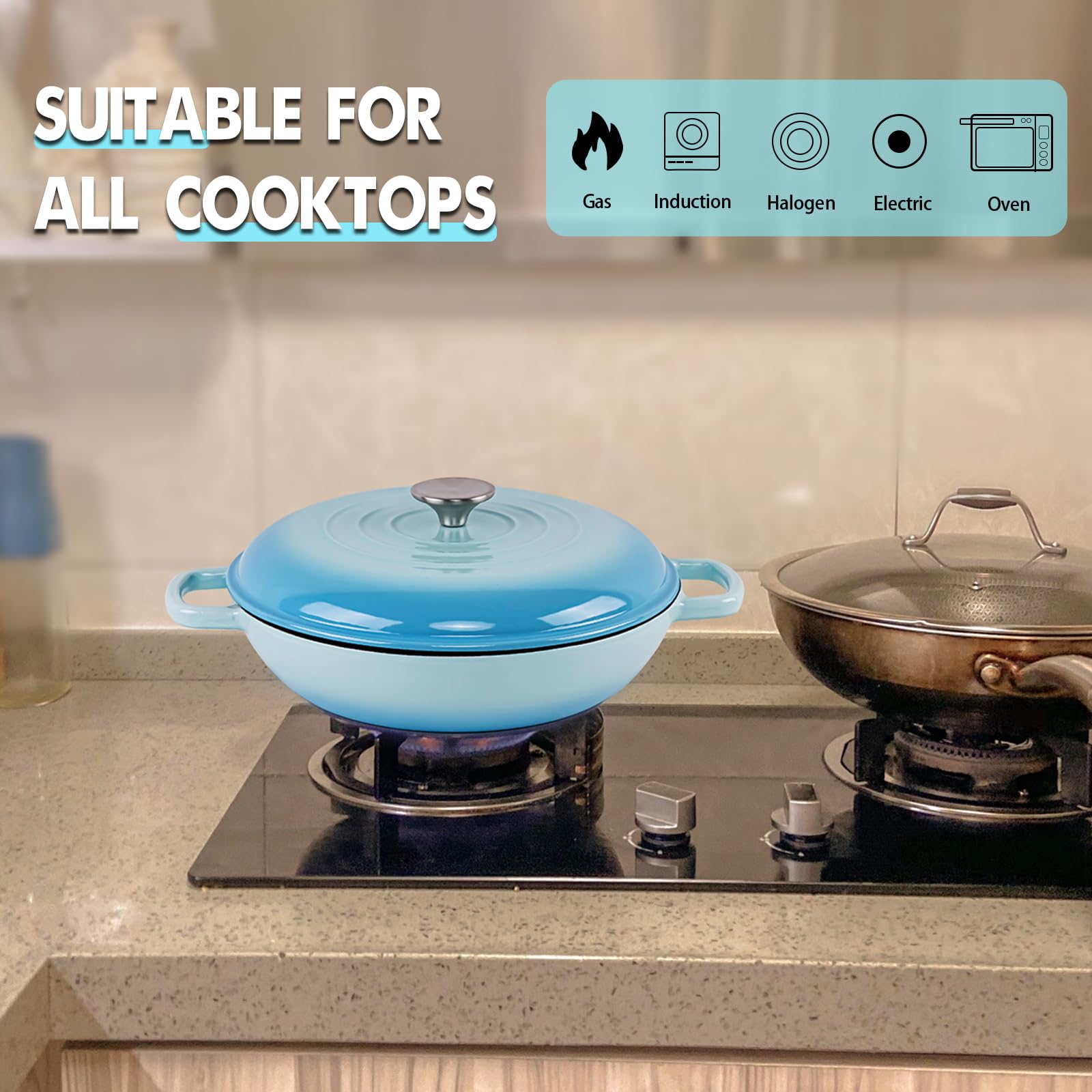 HUNZSIM Enameled Cast Iron Dutch Oven,3 Quart Dutch Oven Pot with Lid, Round Dutch Oven Cast Iron Pot with Non Stick Enamel Coating for Bread Baking, Gradient Blue Dutch Oven for Kitchen