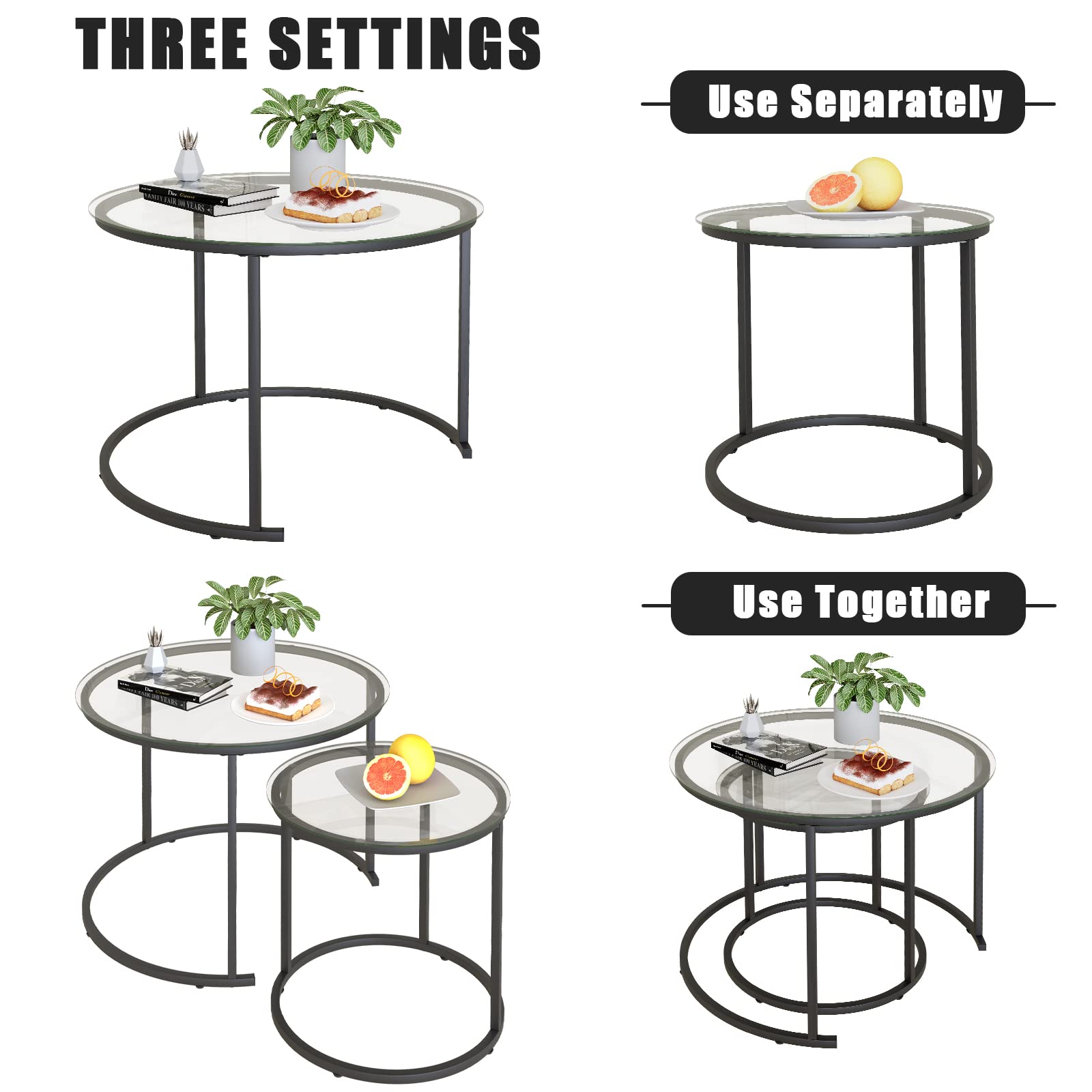 Azheruol Nesting Coffee Table Set of 2,Modern Black Tempered Glass Side Table, Metal Frame Round End Table.Small Glass Tea Table for Living Room,Bedroom Studio Apartment Essentials,17.7IN