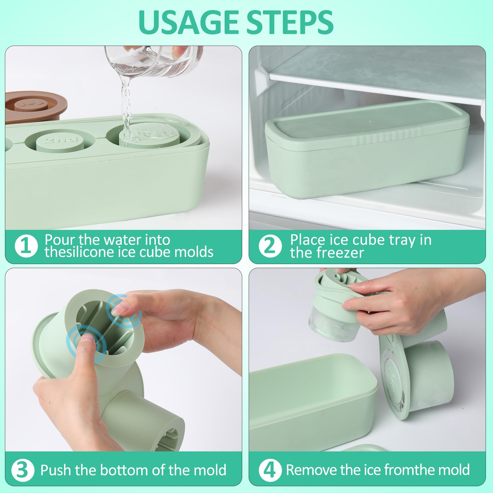 ALOOF Ice Cube Tray with Lid and Bin Compatible with Stanley Cup, 3 Pcs Silicone Ice Cube Hollow Cylinder Molds for Coffee, Juice, Whiskey, Cocktail, for Stanley 40 Oz Cups Accessories (Brown), Green