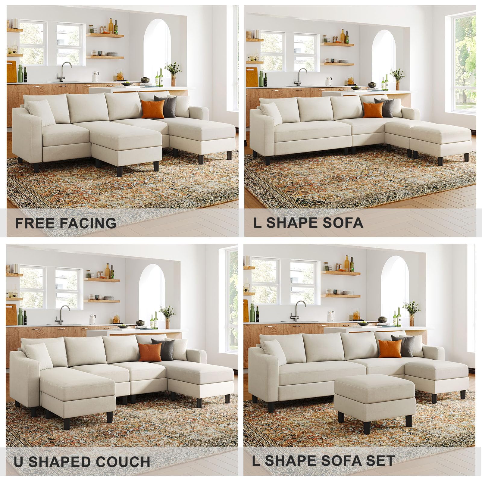 Belffin U Shaped Sectional Sofa Velvet Convertible Sofa with Reversible Chaises Sectional Couches with Ottomans for Living Room (Beige)…