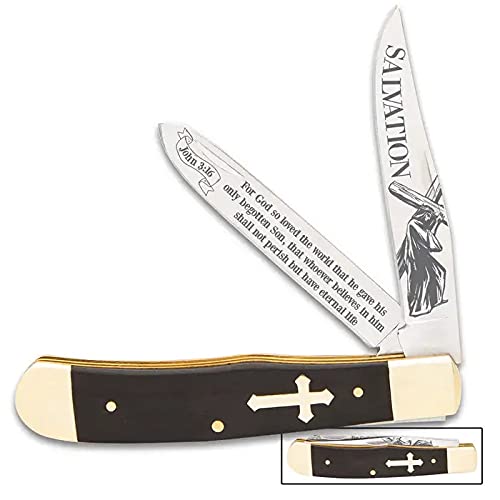 BUDK Salvation Trapper Pocket Knife – Dual Stainless Steel Blades, Laser Etched Artwork, Black Buffalo Horn Handle, Cross Inlay – Christian Gift Ideas - 4” Closed
