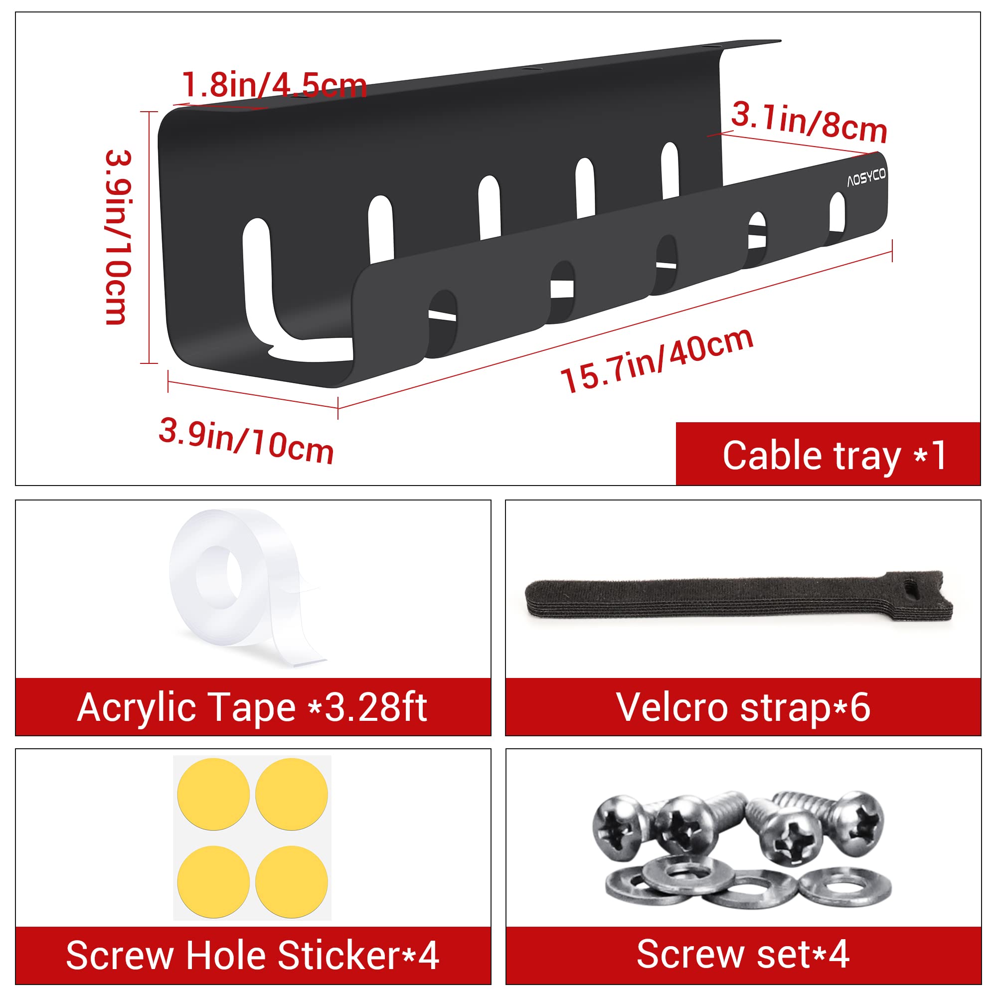 AOSYCO Under Desk Cable Management Tray, Alloy Steel, Perfect for Standing Desk Cord Organizer, No Drill for Under Table and Wire Management, Large Rack, Black Raceway Tray, 15.7in