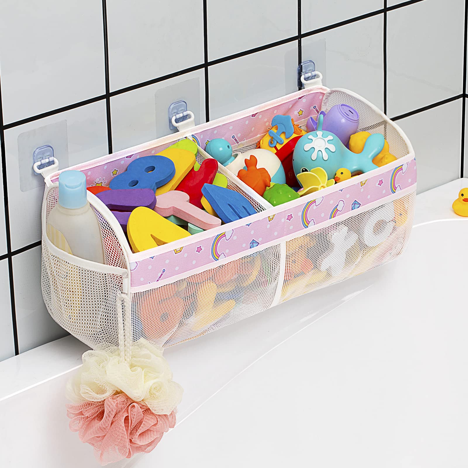 Austion Mesh Bath Toy Storage for Tub - Sorting Baby Toys Bath Tub Toy Holder - Extra Large Capacity Bath Toy Organizer with Large Openings, Quick-drying and breathable (Pink)