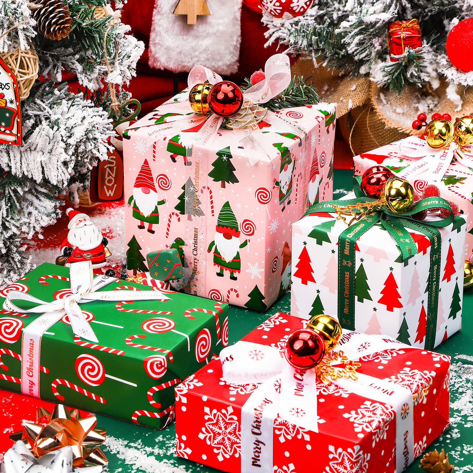 WRAPAHOLIC Christmas Wrapping Paper Roll - Red, Green and Pink Christmas Gnome Elf Holiday Collection - 4 Rolls - 30 Inch x 120 Inch Per Roll
