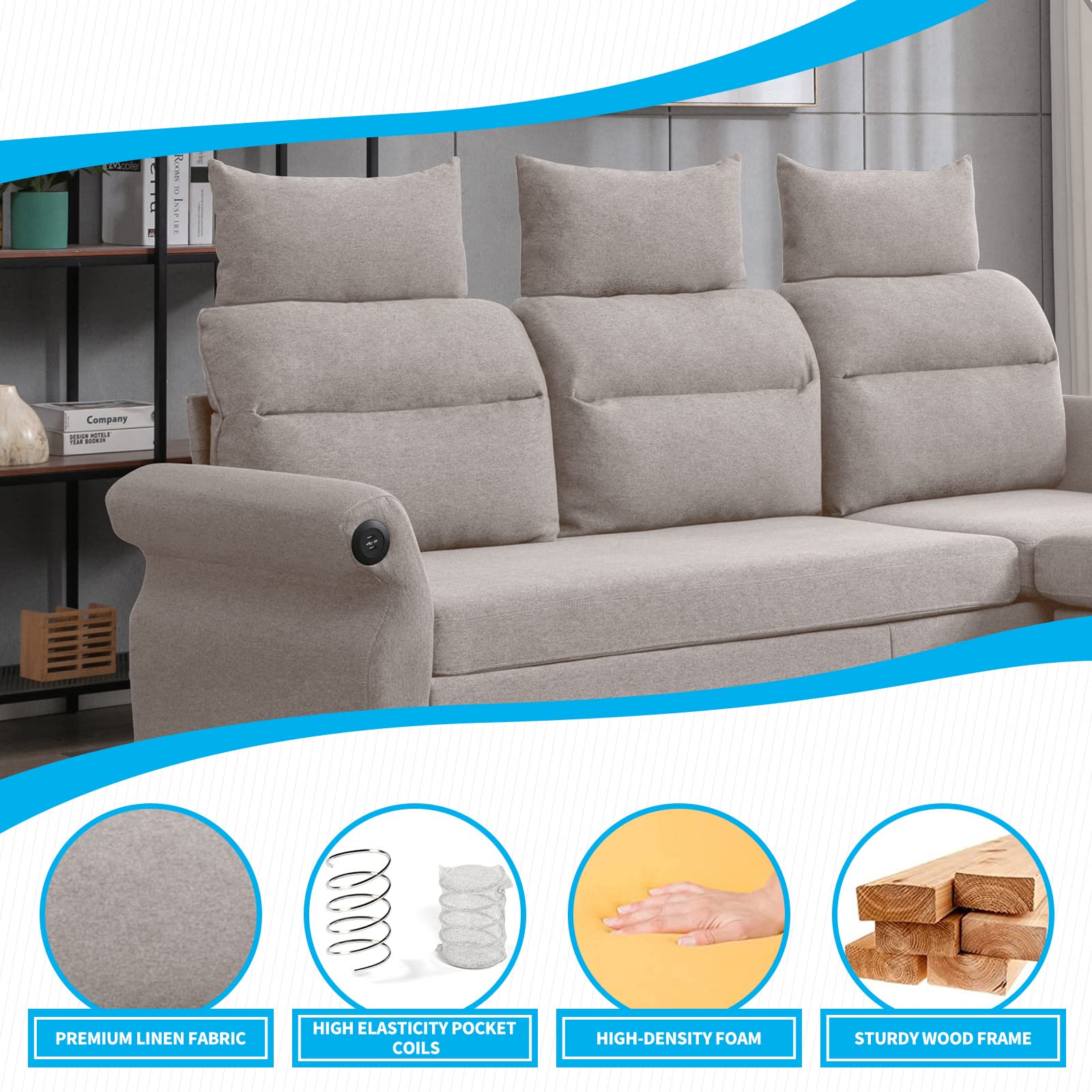 Mjkone Convertible Sectional Sofa Couch, 3 Seat L Shaped Headrest Sofa with 2 USB Ports and Adjustable Armrest, 88" W Modular Sectional Sofa Set with Storage Ottoman for Living Room, Beige