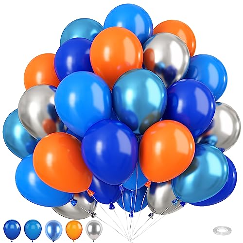Blue and Orange Balloons, 50 Pcs 12 Inch Orange Royal Blue Metallic Silver Balloons with Ribbons for Birthday Party Wedding Baby Shower Graduate Decorations