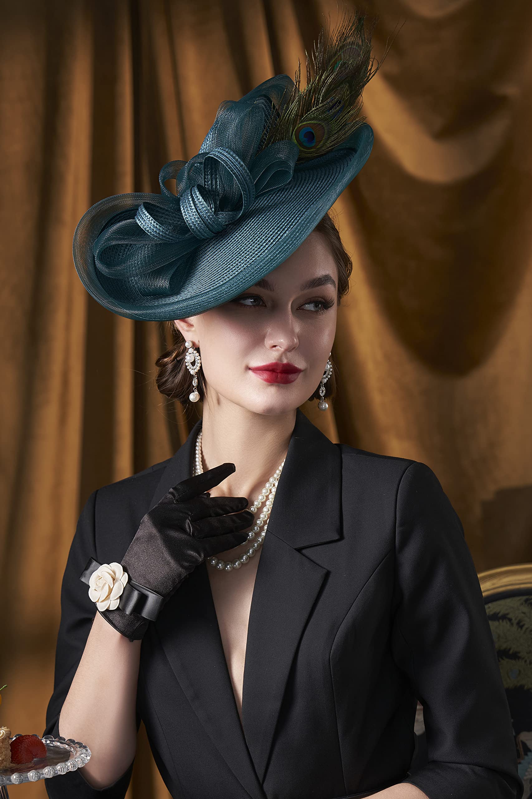 BABEYOND Derby Hats for Women - Peacock Feather Tea Party Fascinator Kentucky Hat Straw Derby Hat for Cocktail Wedding