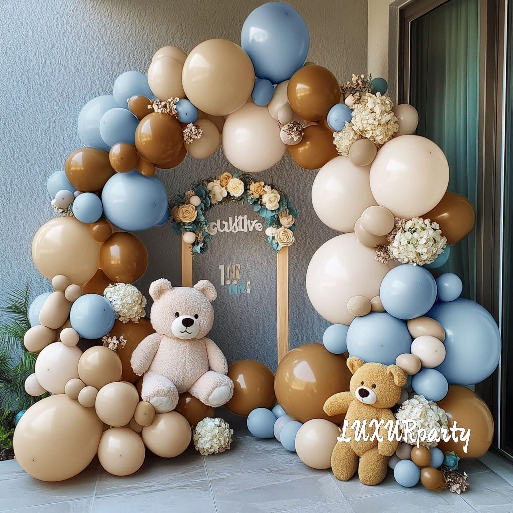 Blue Brown Nude Balloon Garland Double Stuffed Dusty Blue Coffee Pastel Balloon Kit for Teddy Bear Baby Shower Boy Birthday Gender Reveal Boho Theme Party Decorations