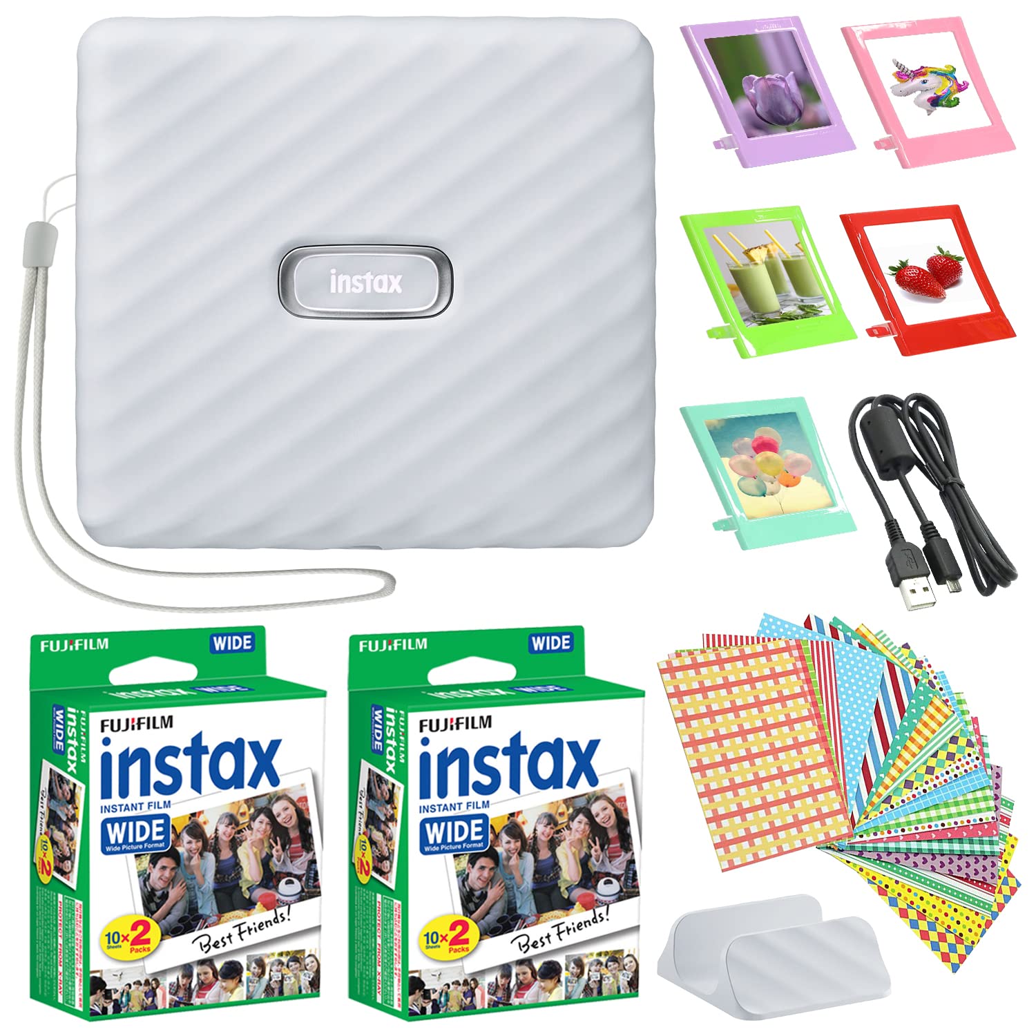 Fujifilm Instax Link Wide Smartphone Printer + Fuji Instax Film Value Pack (40 Sheets) Accessories Frames Bundle (Ash White)