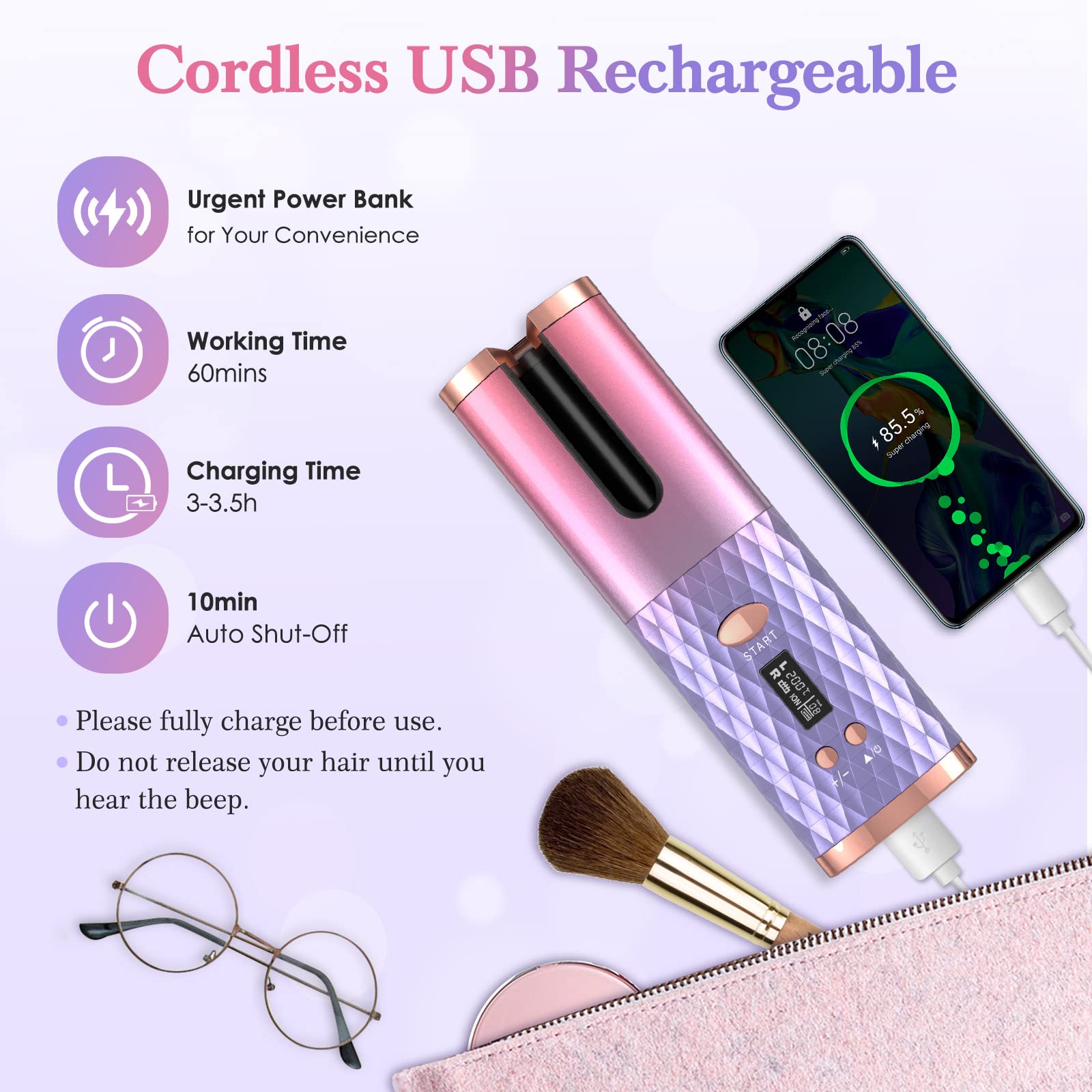 Automatic Curling Iron, Cordless Automatic Hair Curler with 6 Temps & Timers, Rechargeable Hair Curler with Ceramic Ionic Barrel, Detangle & Scald-Free Curler, Auto Shut-Off