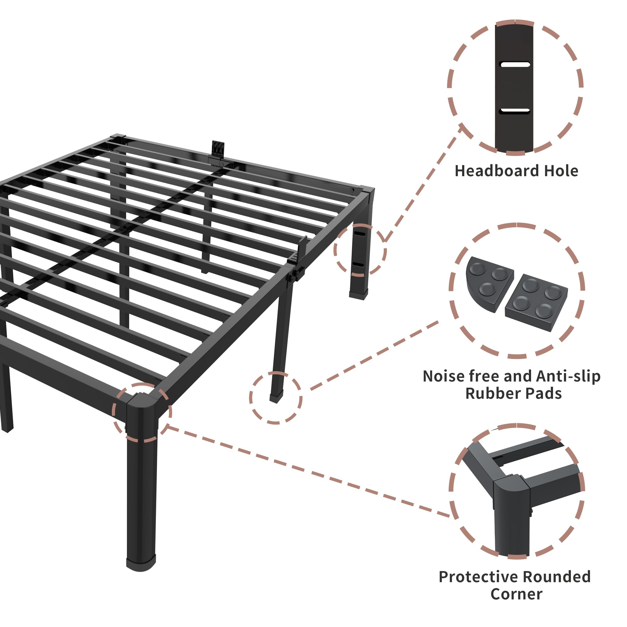 ROIL 18 inch Metal Full Bed Frame with Rounded Corner and Headboard Hole Mattress Retainers 3500LBS Heavy Duty Steel Slats No Box Spring Needed Platform Noise-Free Easy Assembly