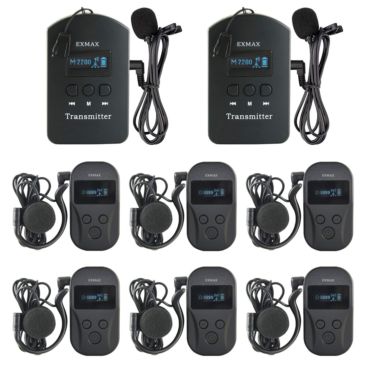 EXMAX EXD-101 2.4GHz Wireless Language Interpretation System Audio Visual Voice Acoustic Transmission for Church,Teaching,Translation,Training,VIP Reception(2 Transmitters 6 Receivers)