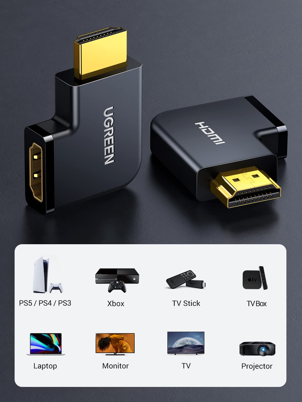 Ugreen 2Pack High Speed HDMI Port Saver Male to Female Adapter Right Angled 90 and 270 Degree