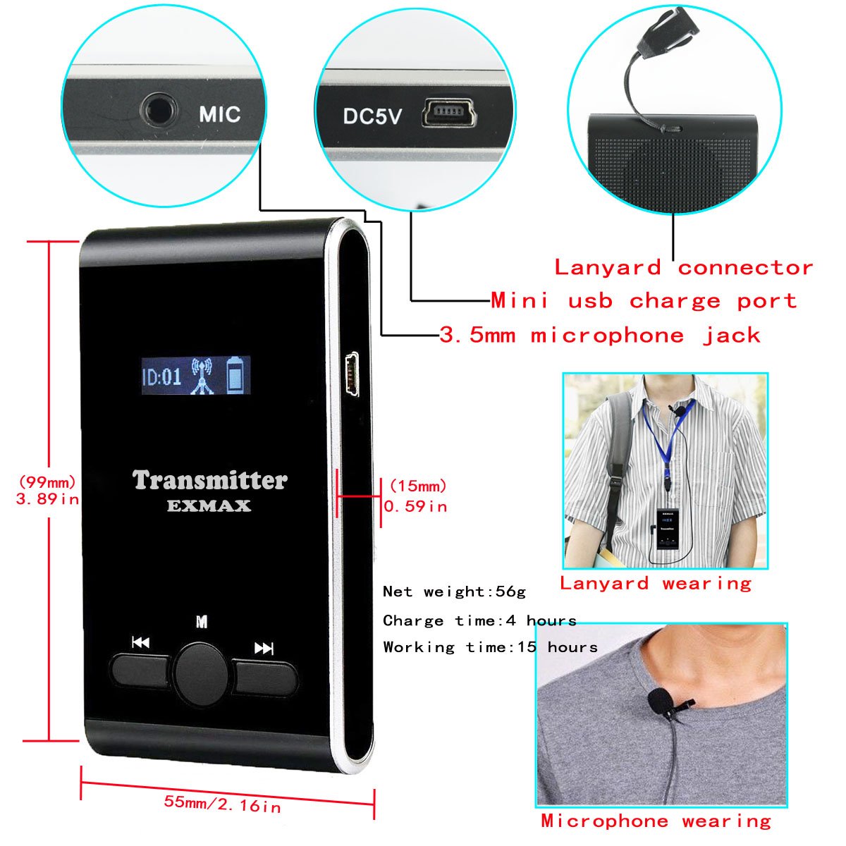 EXMAX® ATG-100T 195MHz Wireless Tour Guide System Microphone for Language Interpretation Church Class Traning Translation Conference Interpretation Travel Trip (1 Transmitter 10 Receivers)
