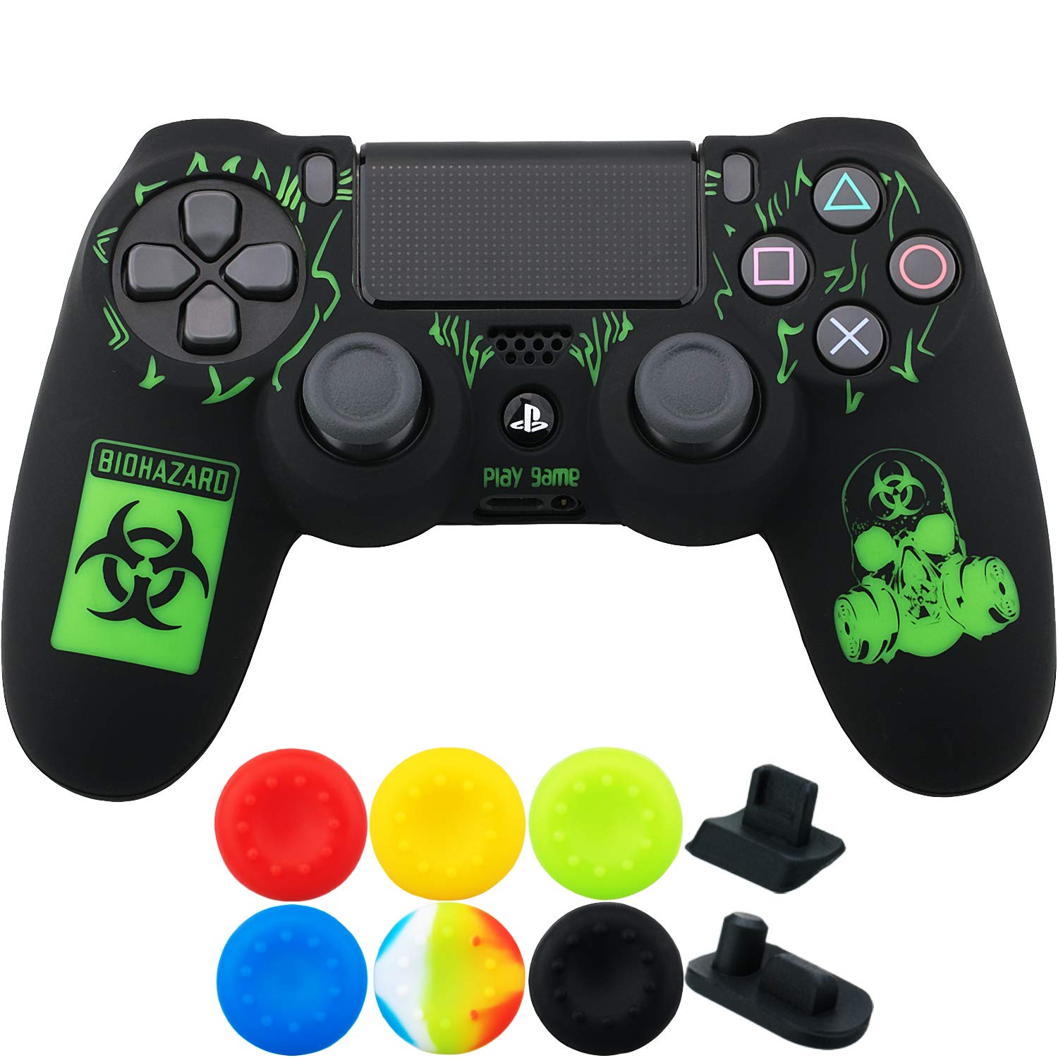 9CDeer 1 Piece of Silicone Laser Carving Protective Cover Skin + 6 Thumb Grips & Dust Proof Plugs for PS4/Slim/Pro Controller Loong Blue