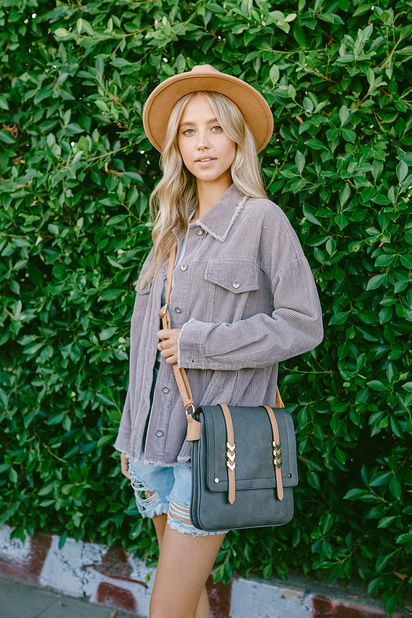 ALYSSA Double Compartment Large Flapover Crossbody Bag with Colorblock Straps (Blue Grey/Brown)