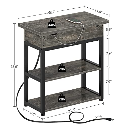 Rolanstar End Table with Charging Station, Narrow Nightstand, Flip Top Side Table with USB Ports and Storage Shelves for Small Spaces, Living Room, Bedroom, Grey