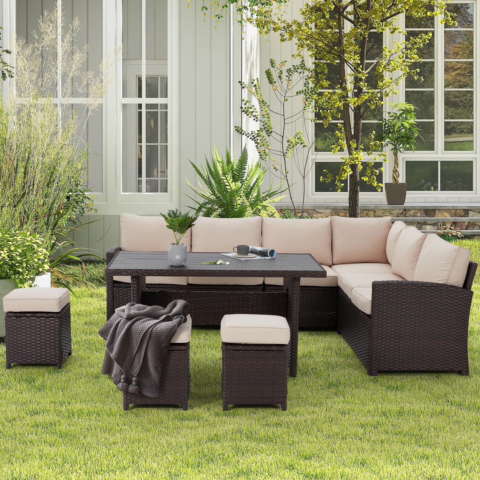 U-MAX 7 Pieces Patio Furniture Set Outdoor Sectional Sofa Conversation Set All Weather Wicker Rattan Couch Dining Table & Chair with Ottoman, Khaki Cushion