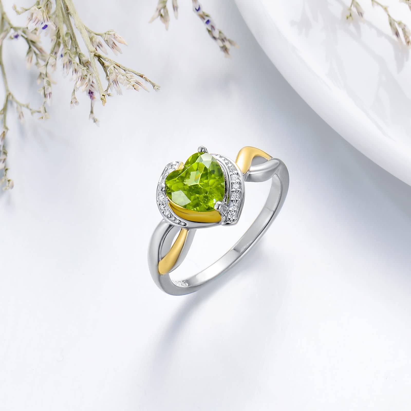Althum 7MM Genuine Peridot Ring 925 Sterling Silver Heart Shaped Green Peridot Engagement Ring for Women (Size 7)