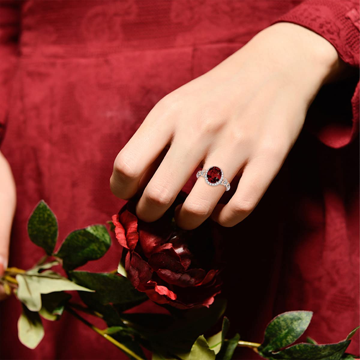 Althum 925 Sterling Silver Red Garnet Engagement Ring for Women 10mm * 8mm Oval Cut Garnet Ring (Size 9)