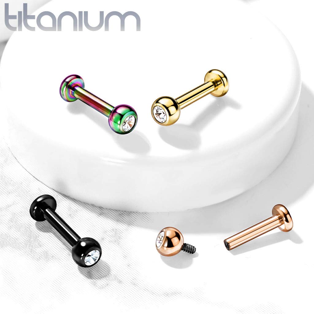Amelia Fashion Solid G23 Implant Grade Titanium Internally Threaded Labret Studs With Jeweled Ball Set (Choose Color) (Rose Gold, 16GA, L. 8mm, Ball: 3mm)