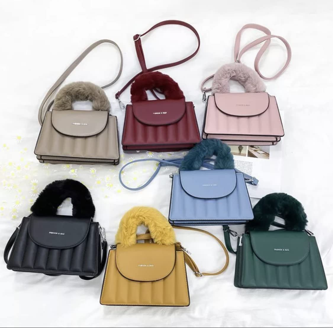 FALL SUMMER SOLID COLOR VEGAN PU LEATHER CROSSBODY/TOP HANDLE FUR BAG (BLACK)