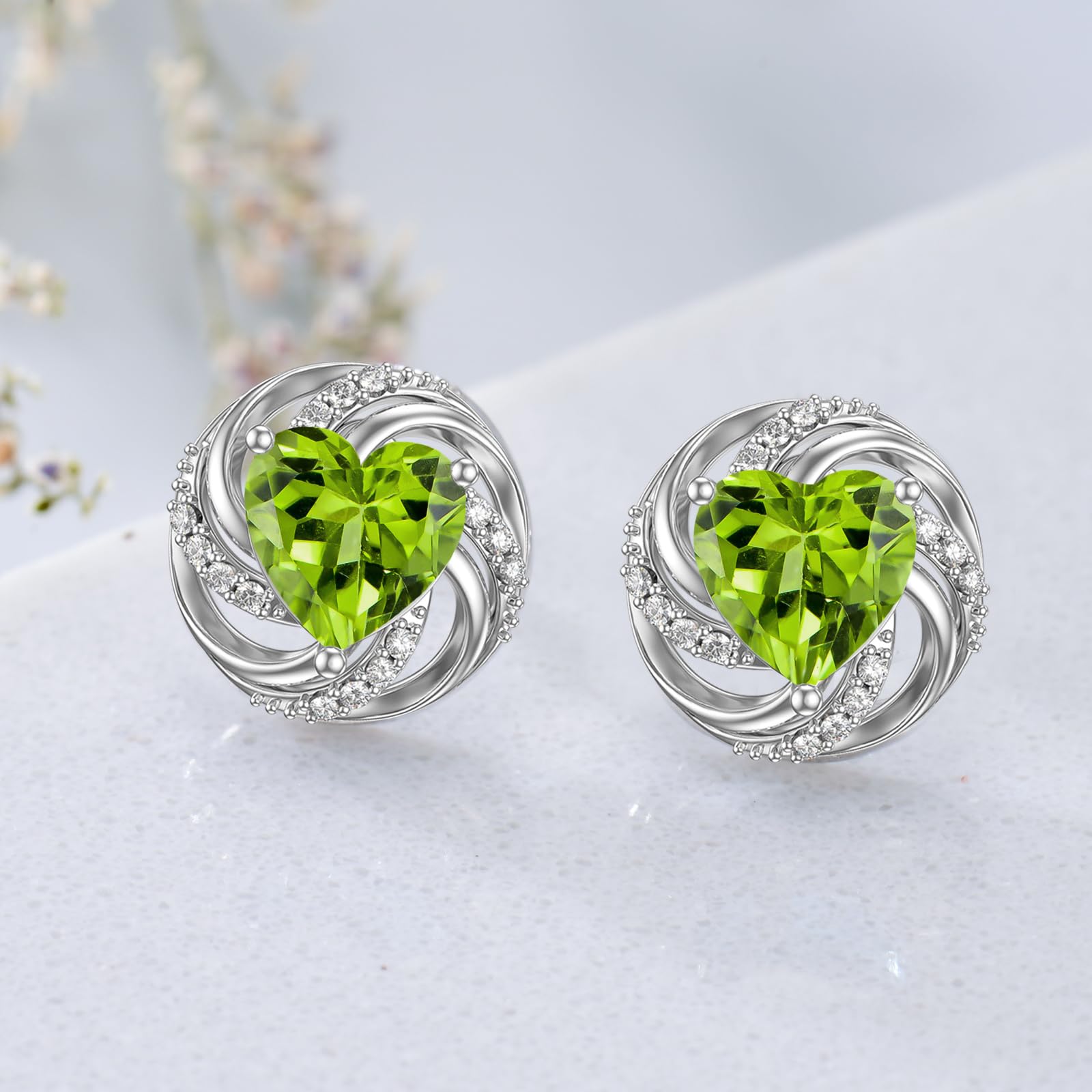 Althum Natural Peridot Earrings 925 Sterling Silver 7MM Heart Shaped Genuine Green Peridot August Birthstone Stud Earrings for Women