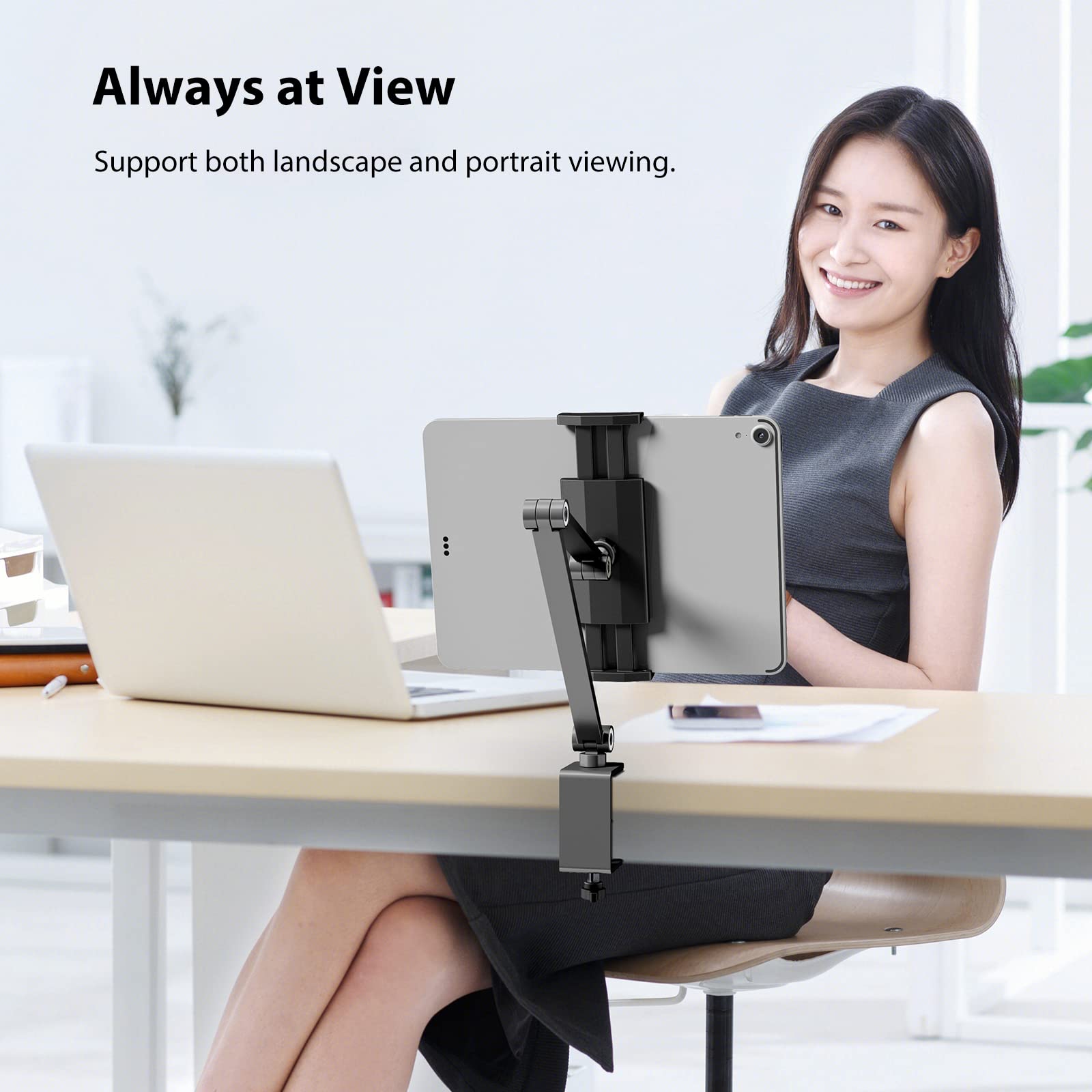 BEWISER iPad Desk Mount, Tablet Holder for Desk or Bed,Rotate 360 Degrees of Flexible, Height and Angle Adjustable, Aluminium Alloy Arm Clamp Mount Compatible with4.7-15.6" Screen (Space Gray)