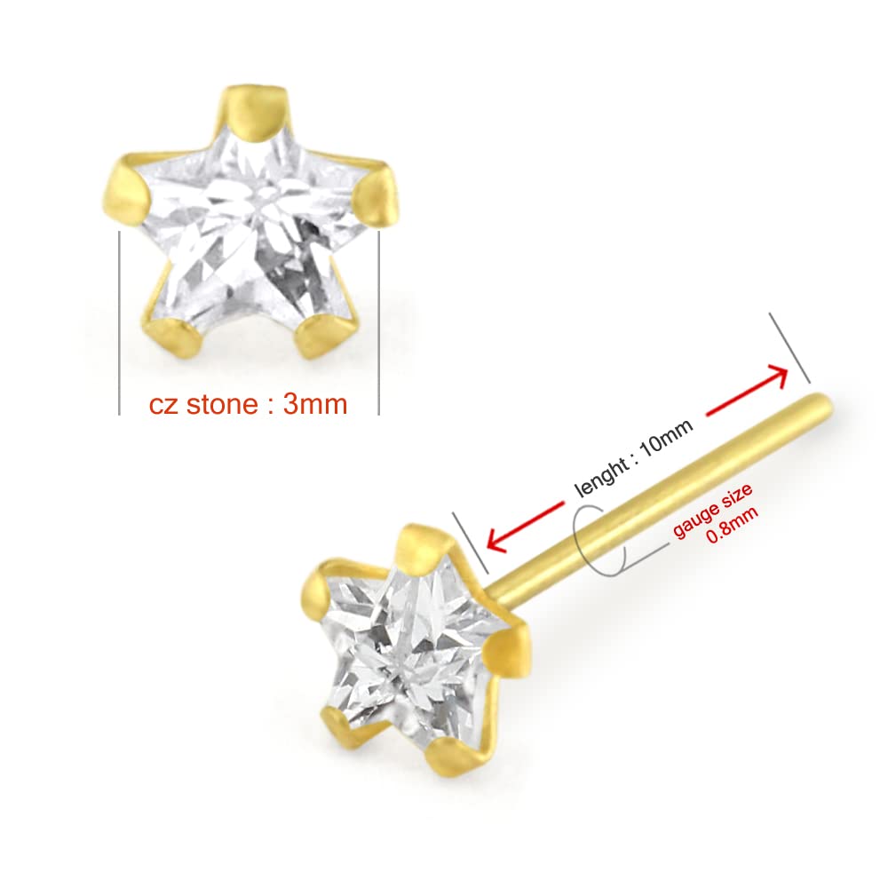 9K Solid Yellow Gold 3MM Star CZ Stone 22 Gauge Straight End Nose Stud Piercing Jewelry