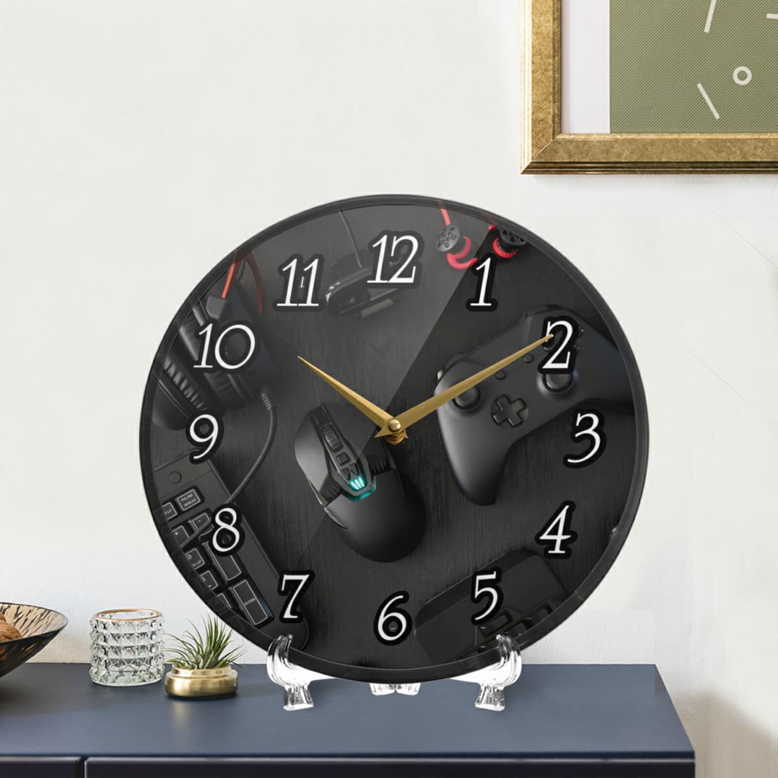 Gamer Work Space Concept Scrapbook Mouse, Keyboard, Joystick, Headset Wall Clock, Silent Non-Ticking Easy to Read Round Decorative Acrylic Wall Clock Art, for Living Room Home Office School 9.5 Inch