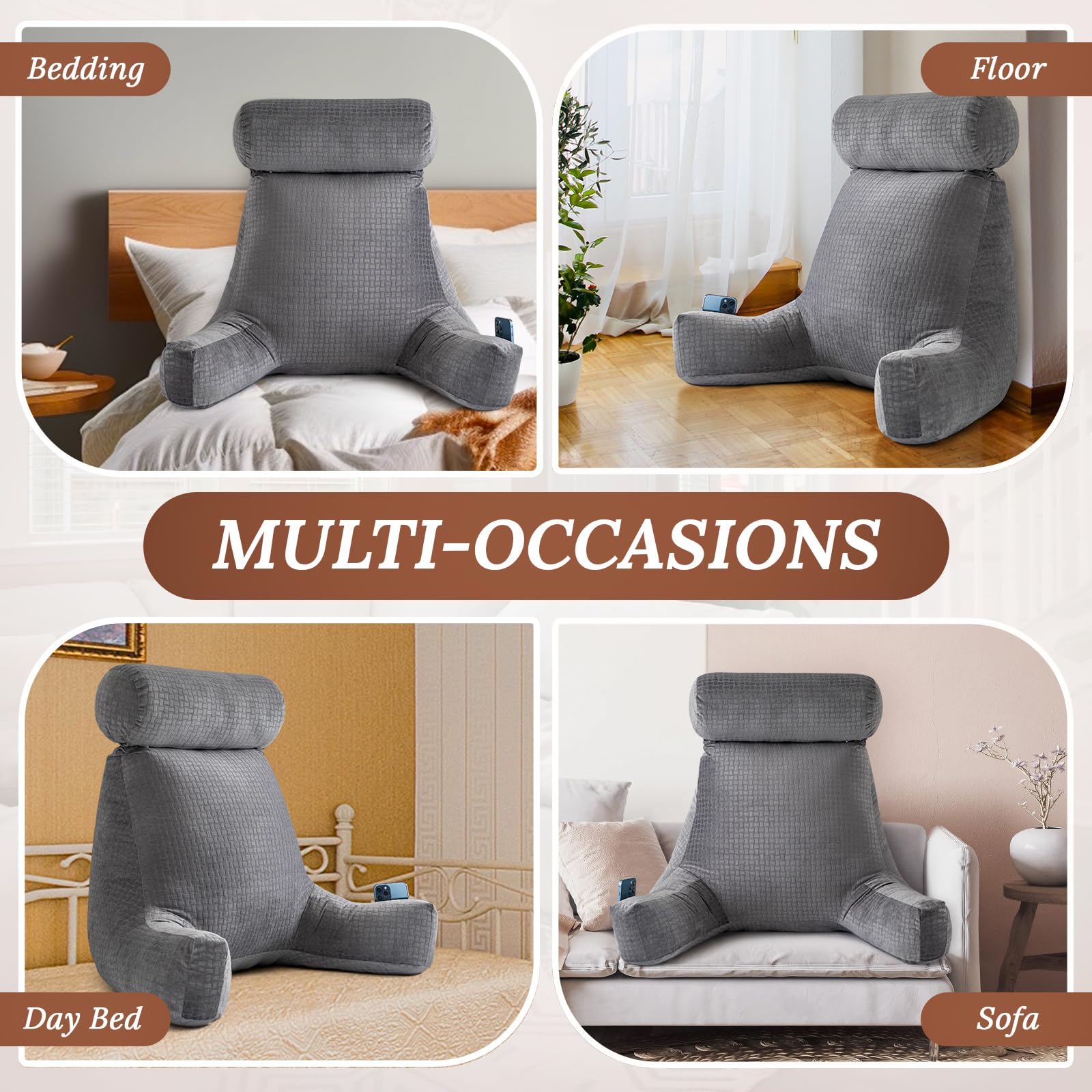 Activance Bed Rest Reading Pillow Sit Up Pillow for Bed Backrest Support Sofa Couch Cushion with Arms, Side Pockets, Detachable Neck Roll for Reading/Bedding/Watching TV/Gaming, Grey