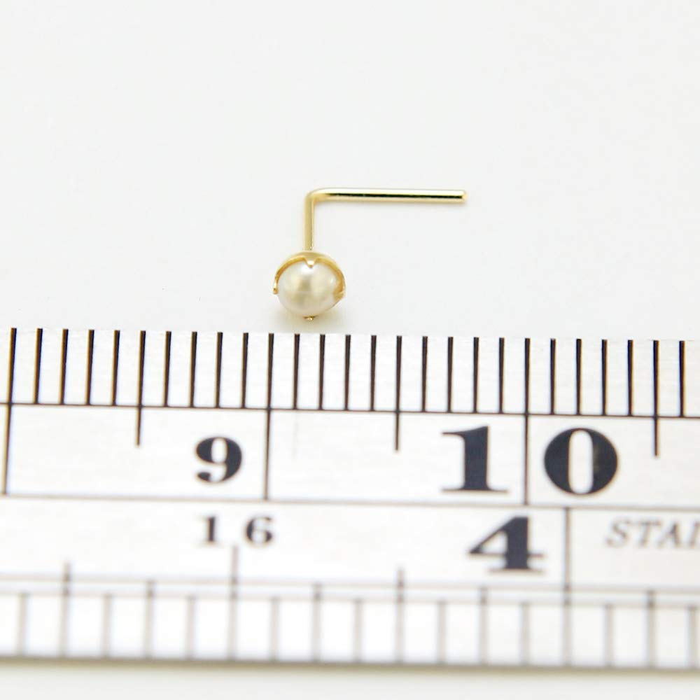 9K Solid Yellow Gold Claw Set 2MM Natural Pearl 22 Gauge L Bend Nose Stud Piercing Jewelry