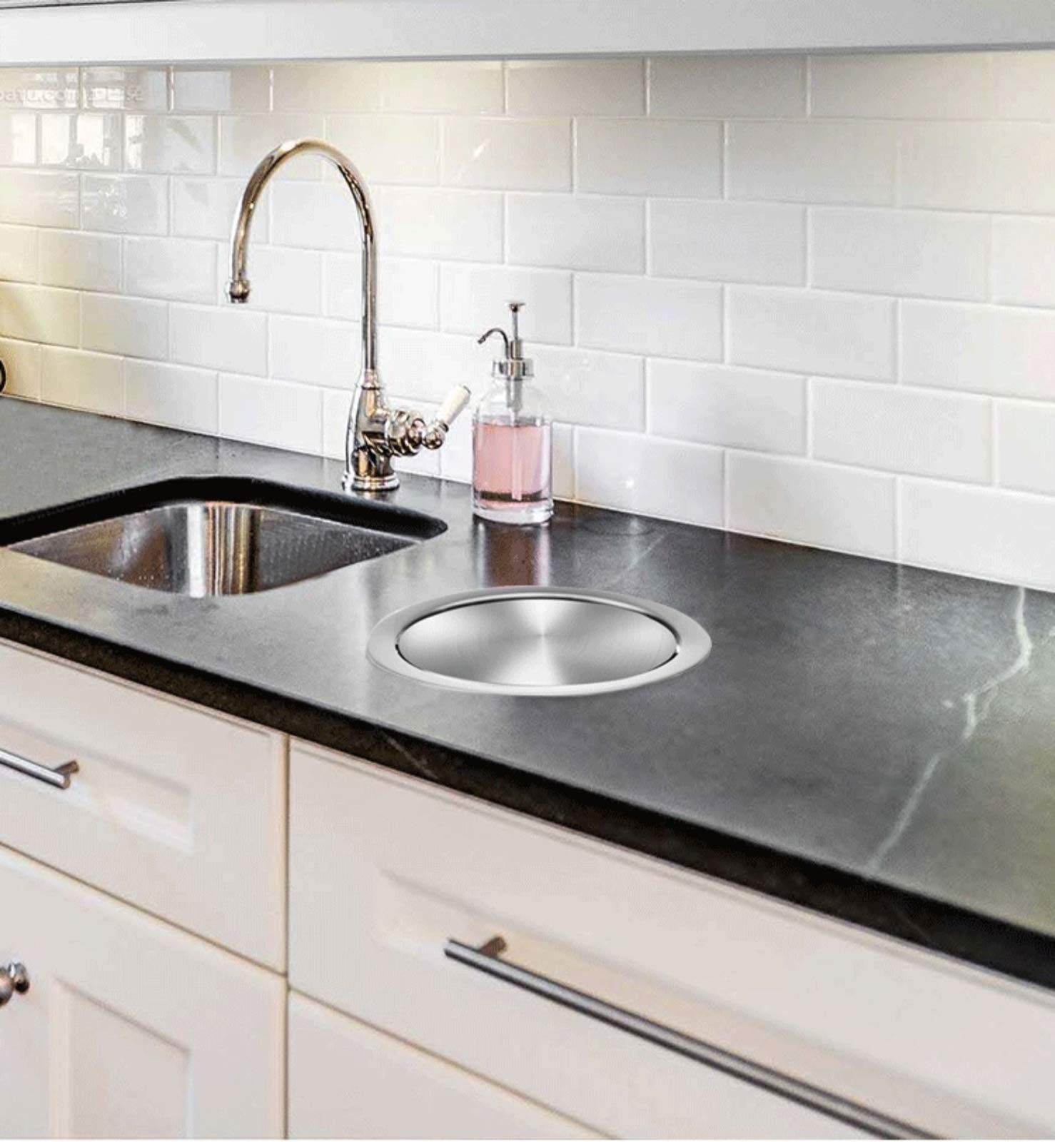 Built-in Countertop Trash Bin Waste Lid Balance Flap Cover- Stainless Steel Kitchen Garbage Can Grommet Recessed Trash Can Lid
