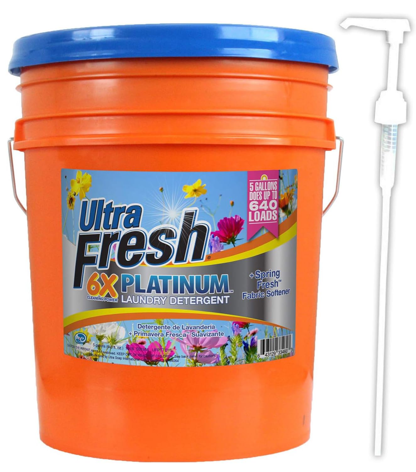 Ultra Fresh 5 Gal Liquid Laundry Detergent Soap & Softener, 6X Platinum, Spring Fresh