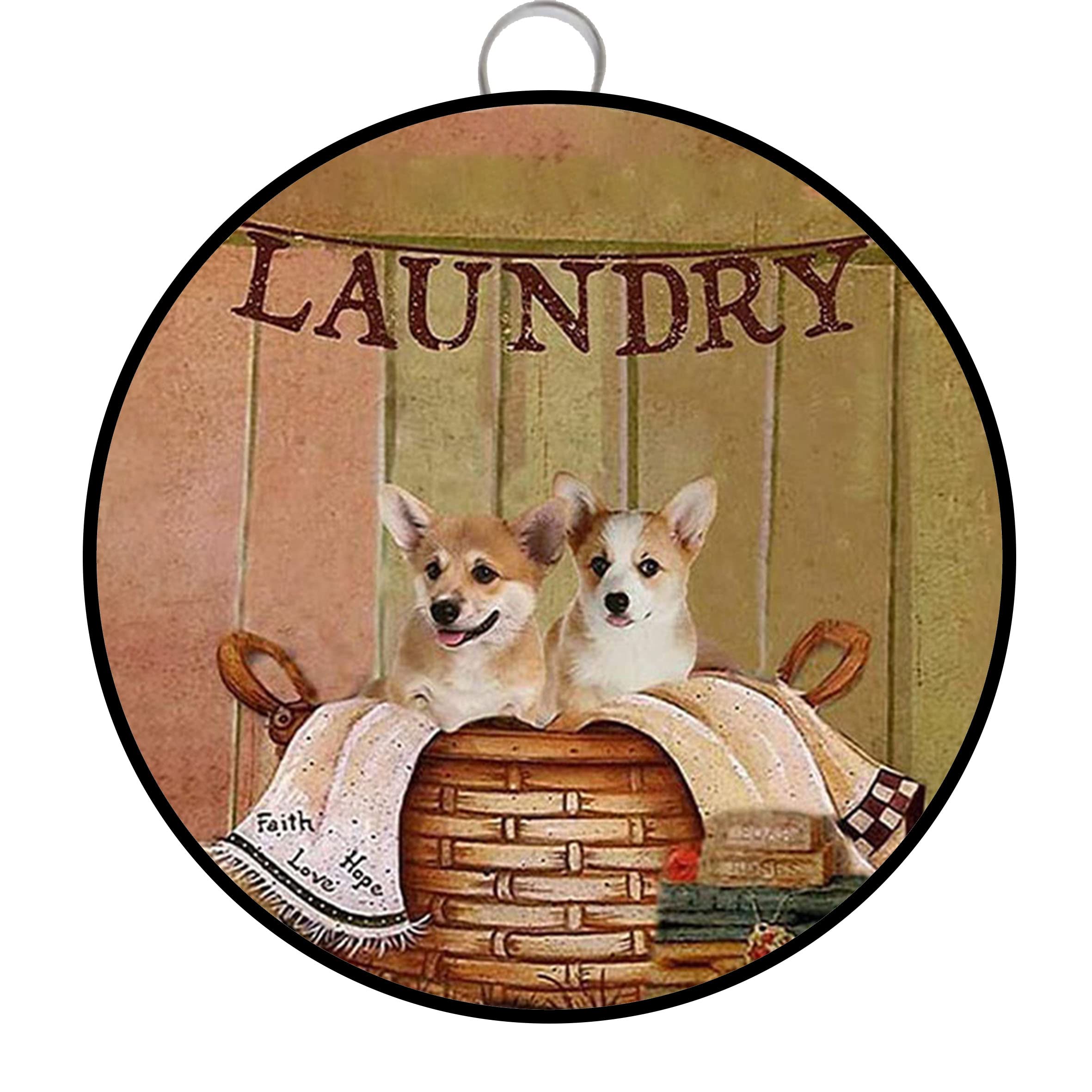 Habilboi Corgi Laundry Wash and Dry Poster Decor Round Tin Sign Wall Decor Laundry Sign for Home Laundry Room Bars Decor Gifts Funny Door Art Wall Decor 6x6inch