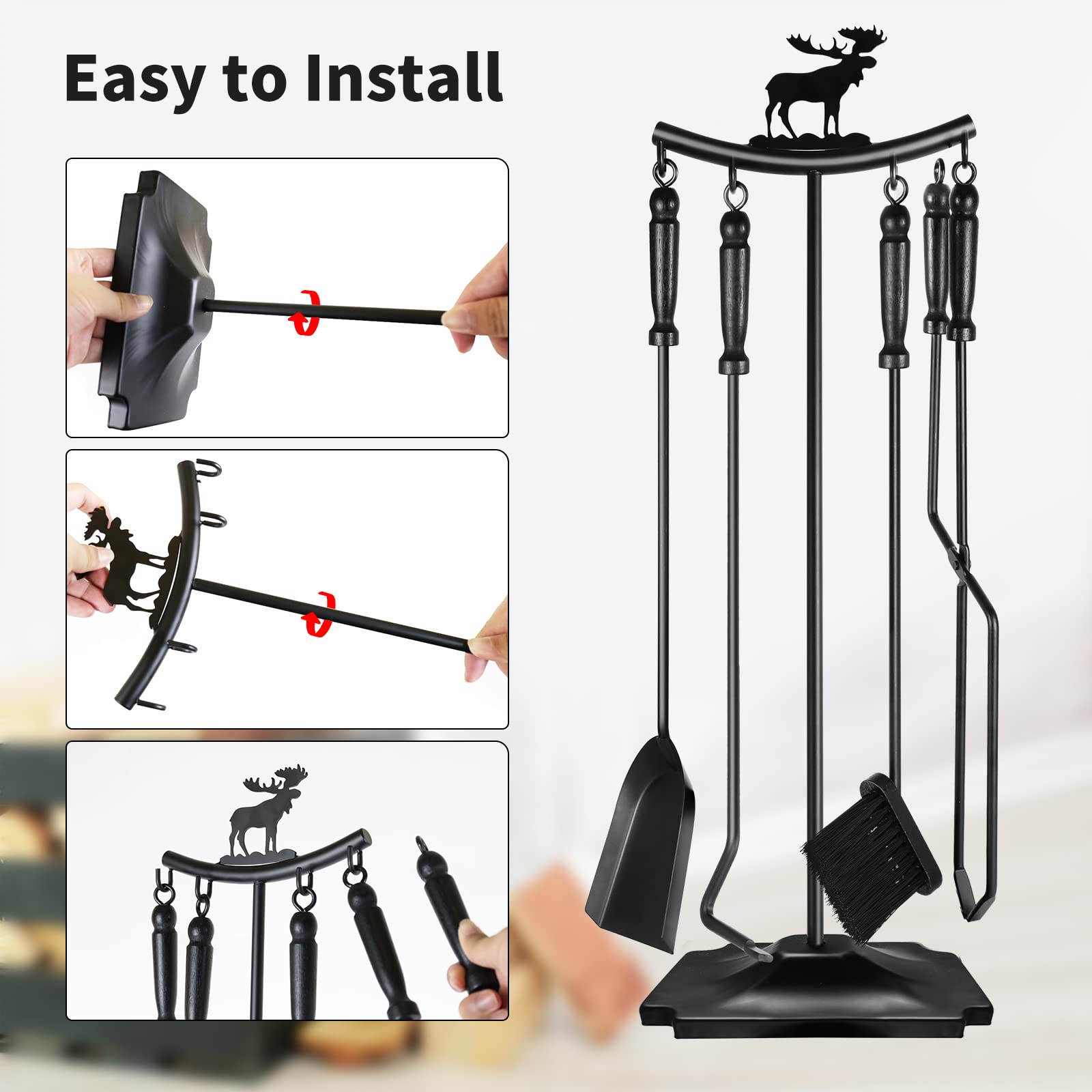 Firesrc 5Pcs Fireplace Tools Set Black Handle Wrought Iron and Holder Outdoor Fireset Fire Pit Stand Indoor Rustic Tongs Shovel Antique Brush Chimney Poker Wood Accessories Kit