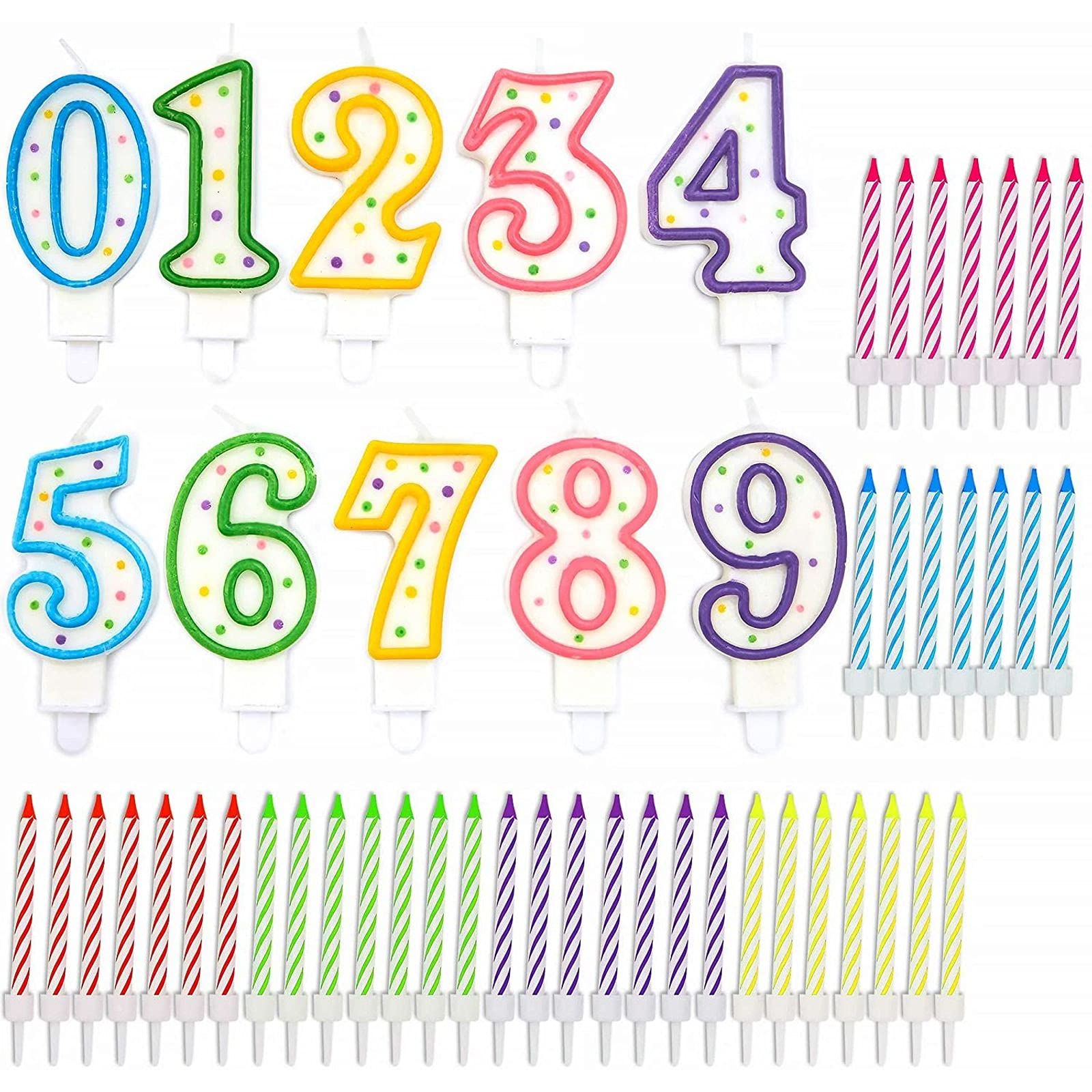 BLUE PANDA - 154-Piece Candles Number 0-9 Rainbow Stripes Birthday Cake Numeral Topper Decorations with Holders for Party Decor