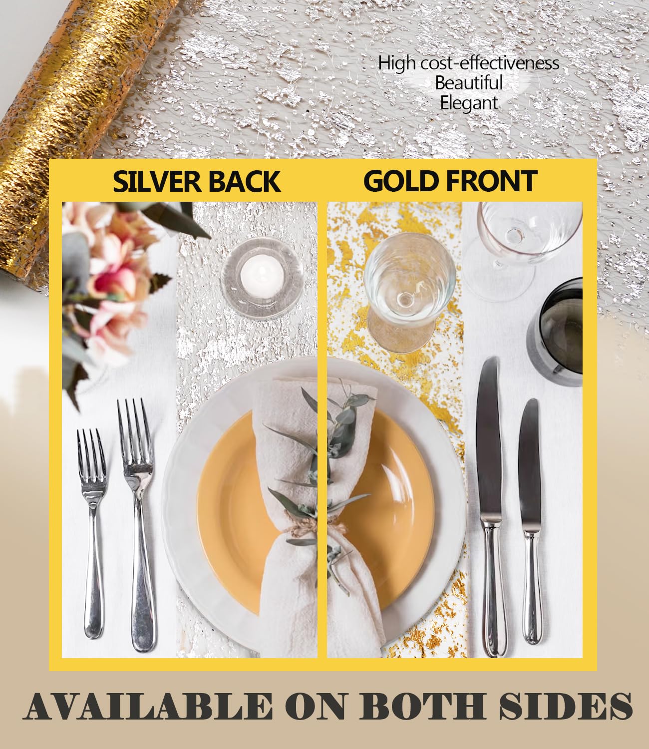 Gold Table Runner roll 11" x 118" 2 pcs - Gold Glitter Foil Metallic Thin Disordered Mesh Fabric Table Decoration for Christmas Party Birthday Wedding Home Decor