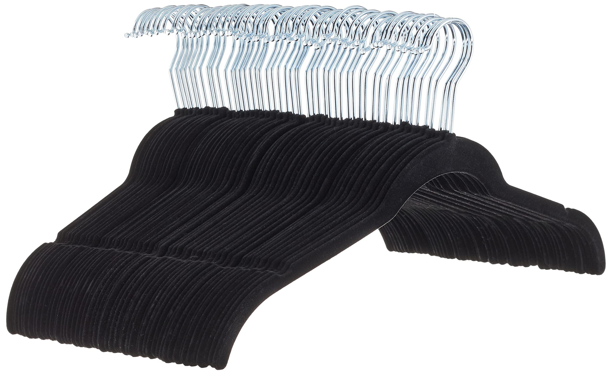 Amazon Basics Slim, Velvet, Non-Slip Shirt Clothes Hangers, Black/Silver - Pack of 50