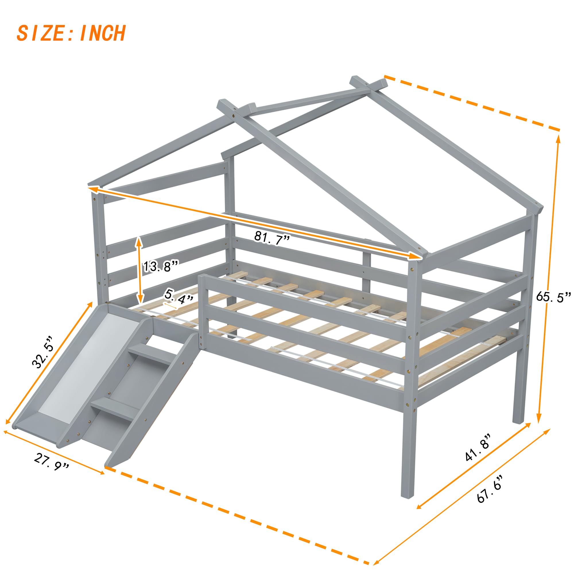 Bellemave Twin Size Kids Low Loft Bed,House Loft Bed with Slide and Ladder,Solid Wood Low Loft Bed with Safety Guardrails for Girls Boys,Grey