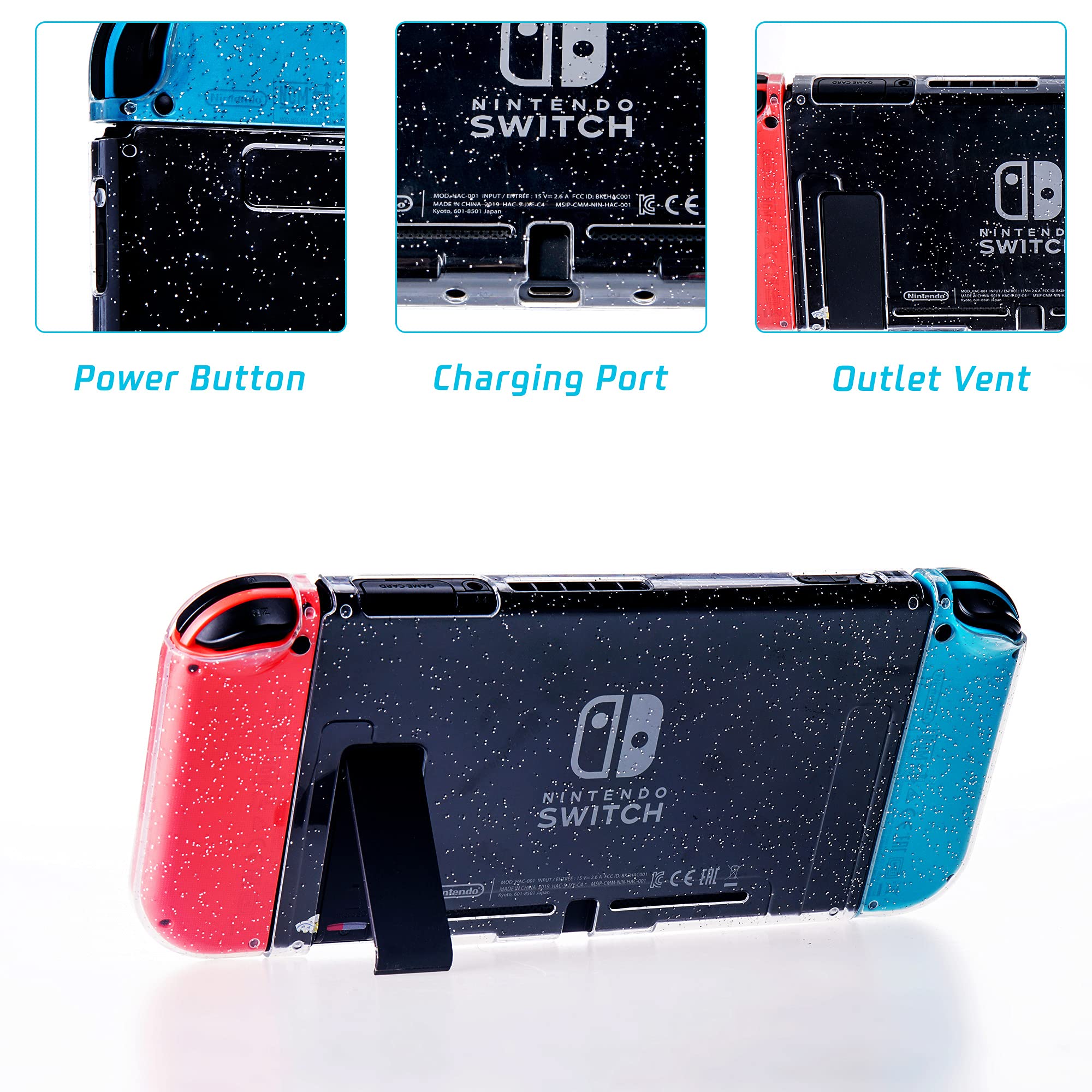 FANPL Glitter Clear Case for Nintendo Switch, Hard Shell Dockable Protective Case Cover for Switch and Joy Con Controller with 2 Bling Thumb Grips (Transparent)