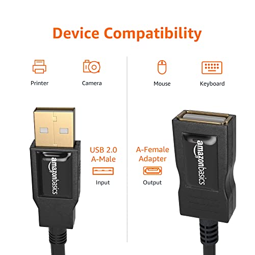 Amazon Basics USB 2.0 Extension Cable USB-A Male to USB-A Female Adapter Cord - 3.3 Feet (1 Meters) , Printer, Black