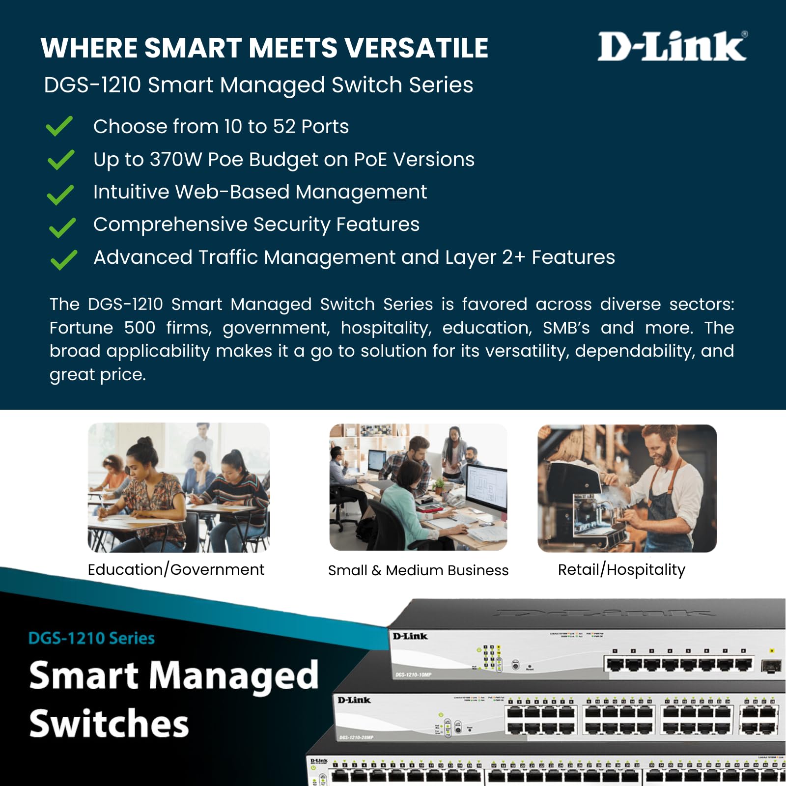 D-Link 26-Port Gigabit Smart Managed Switch | 24 GbE + 2 SFP Ports | L2+ | VLANs | Cable Diagnostics | Web Managed | Desktop or Rackmount | Fanless | NDAA Compliant |Lifetime Warranty (DGS-1210-26)