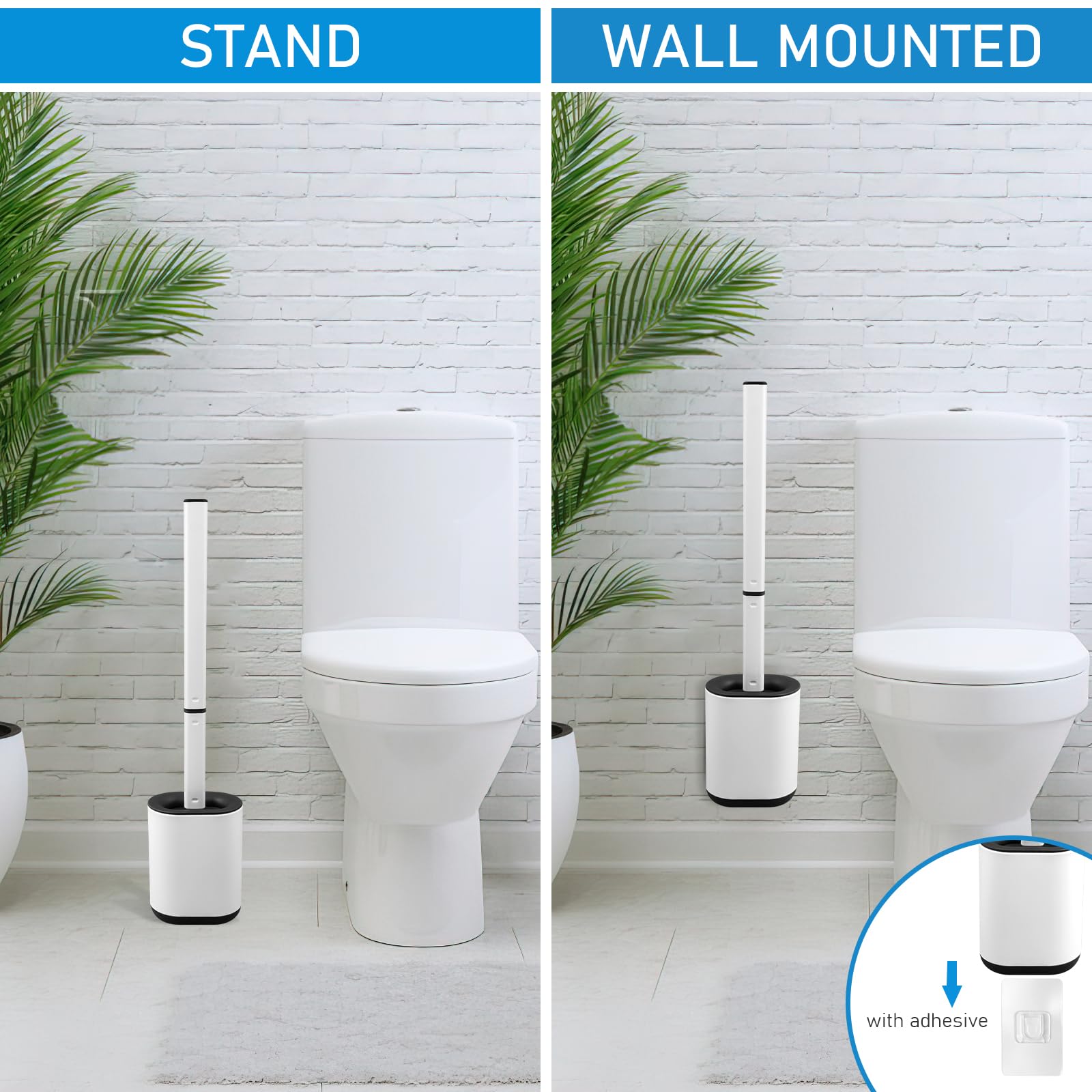 M-Aimee Slim Trash Can and Toilet Brush Combo, Stainless Steel Garbage Can, 1.3 Gallon / 5 Liter, Rectangle Step Small Garbage bin, Soft Close, Removable Plastic Bucket (White)