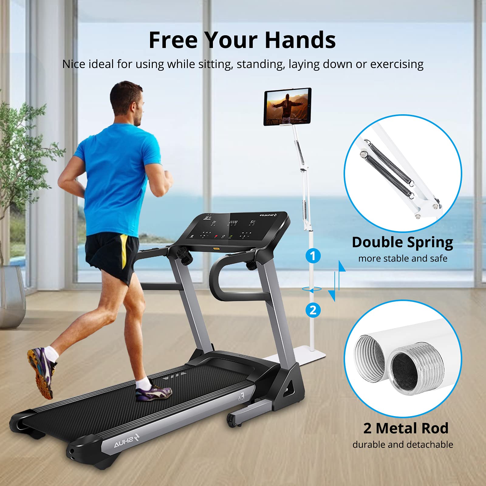 Spessn Adjustable Tablet Floor Stand Universal 360-degree Rotatable Metal Tablet Holder Phone Stand Compatible iPad/iPhoneX/iPad Pro 4.5~12.9 Inch-Screen, Phone, Kindle (White)