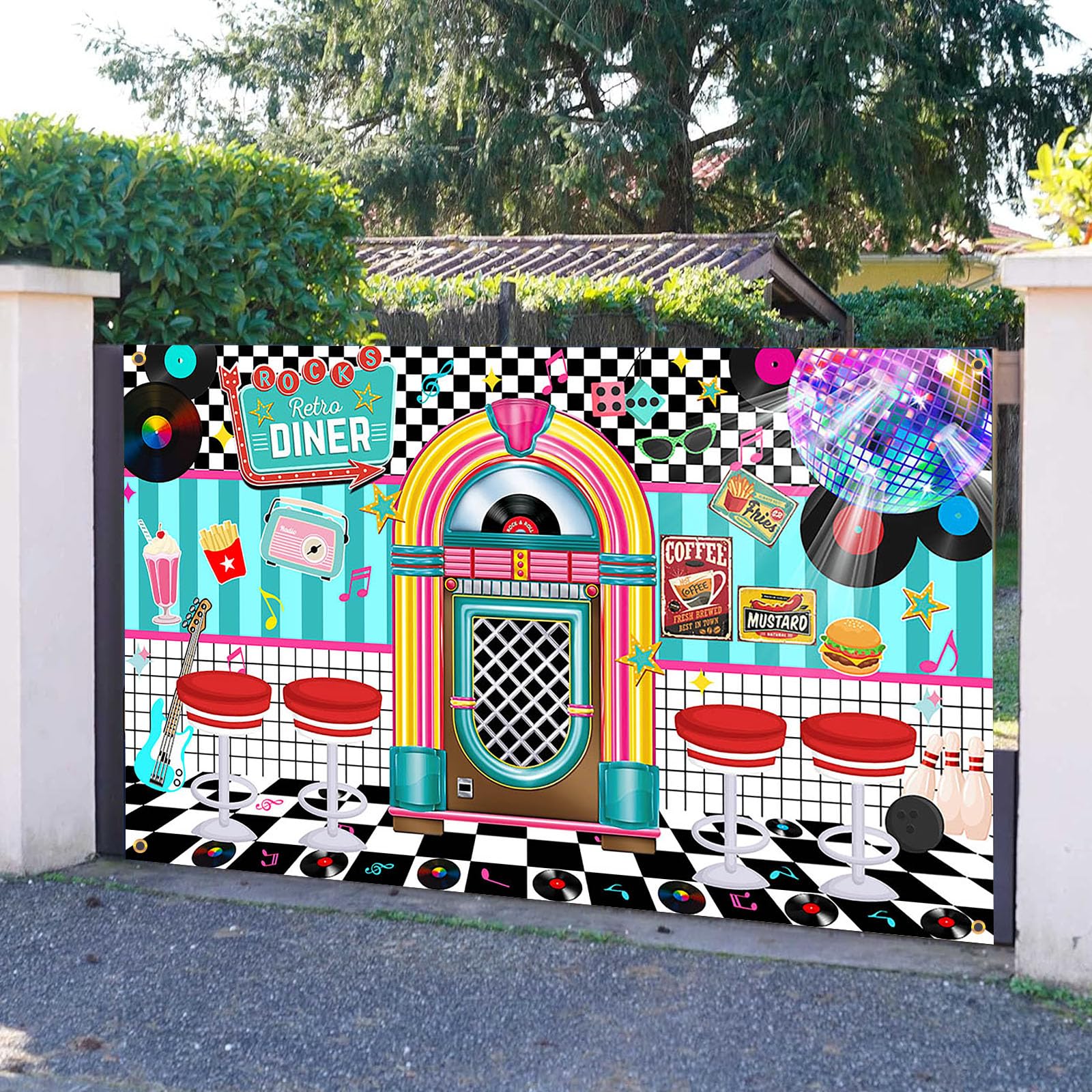 Avezano 50s Retro Diner Party Backdrop 50s Retro Rock and Roll Diner Classic Party Decoration Banner 1950s Sock Hop Party Decor 70.8 x 43.3 Inch